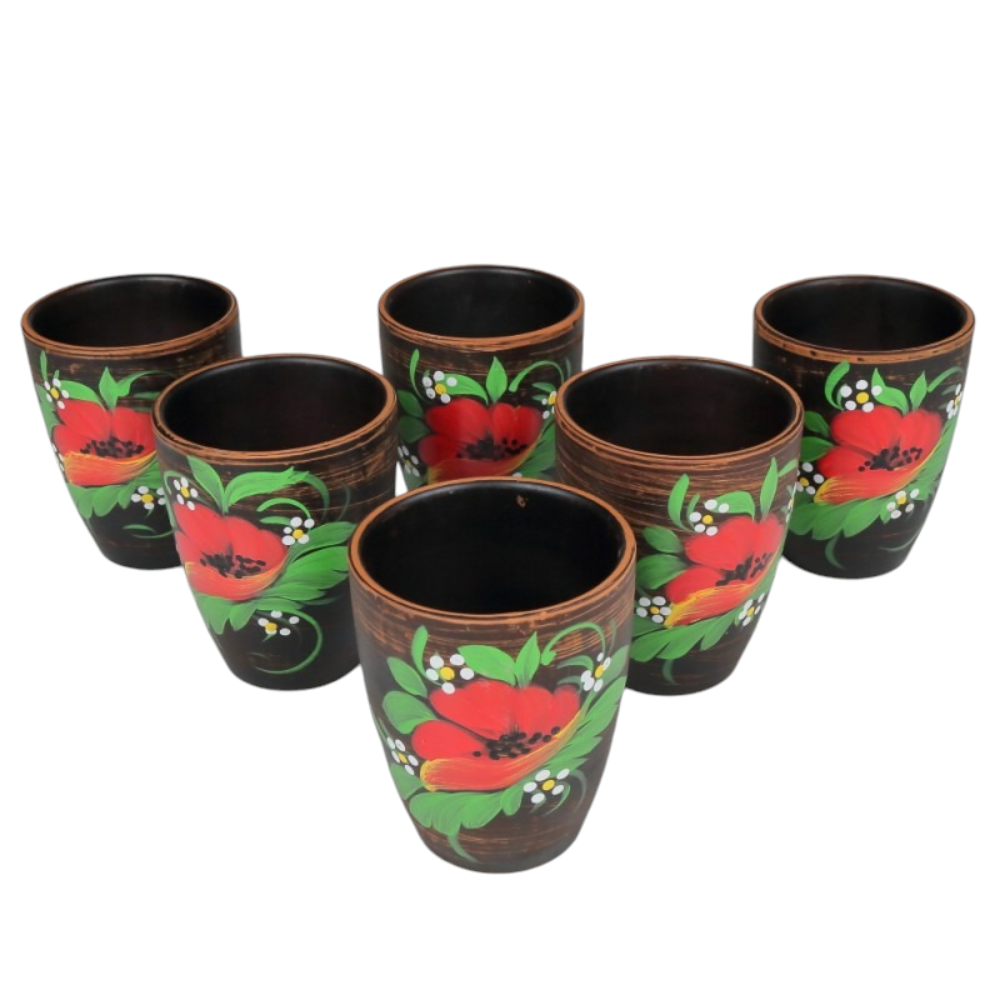 Set 6 Pahare Angob Lut rosu , Pictate Manual, model Floral, 250 ml ...