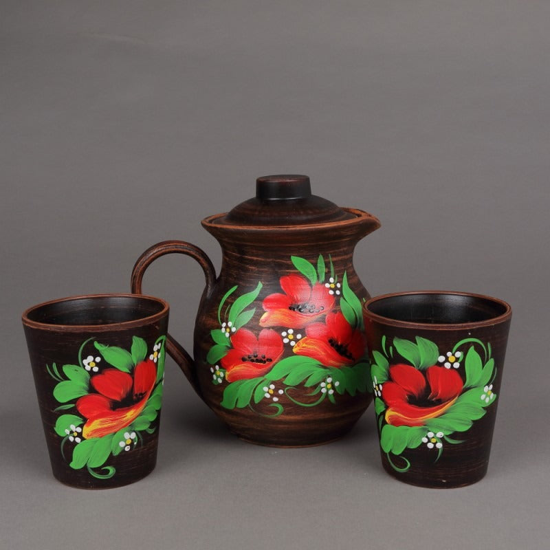Set Ulcioras cu capac Angob lut rosu 1.7 L si 2 pahare , Model Floral ...