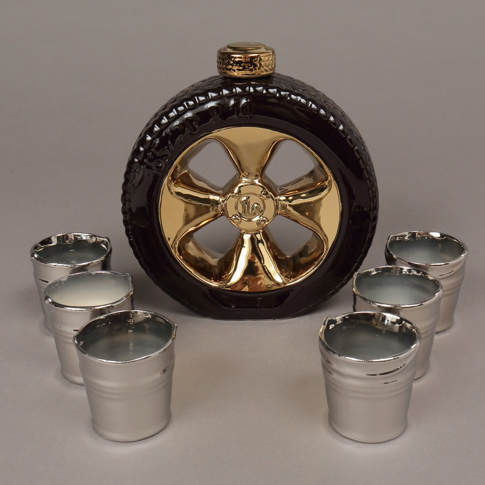 Set pentru Tuica, Sticla 1000 ml cu 6 pahare 70 ml, Model Roata, Ceram ...