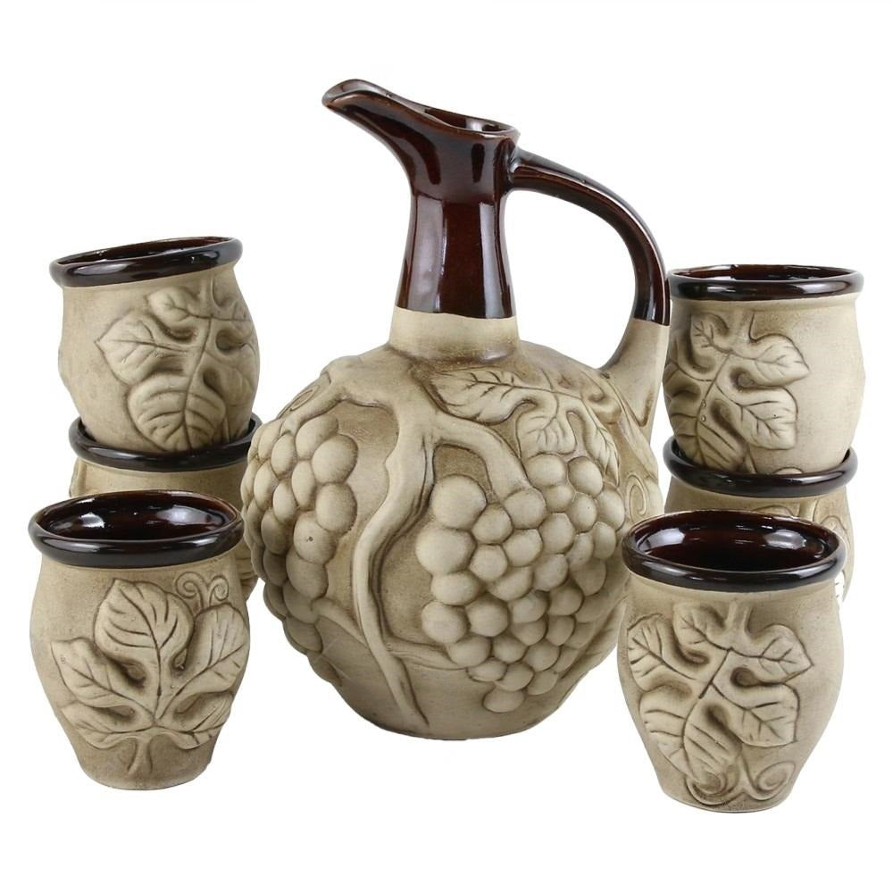 Set pentru vin din ceramica 1,6L cu 6 cani,Strugure cu Frunze ...